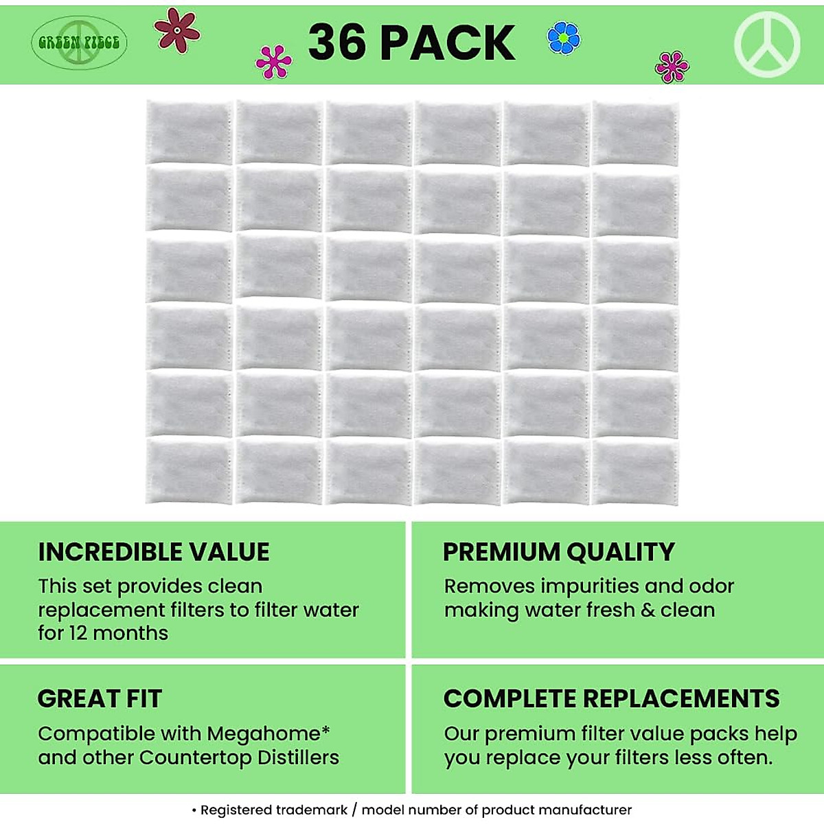 Green Piece® Activated Charcoal Water Filter Replacements - Great for Megahome and Other Countertop Water Distillers - Pack of 36 - Deluxe Version