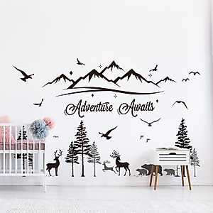 Adventure Awaits Wall Stickers Decals Removable Travel Inspirational Quotes Wall Decals Forest Pine Tree with Bear Home Decor Sticker for Living Room Bedroom Nursery Room Home Decor