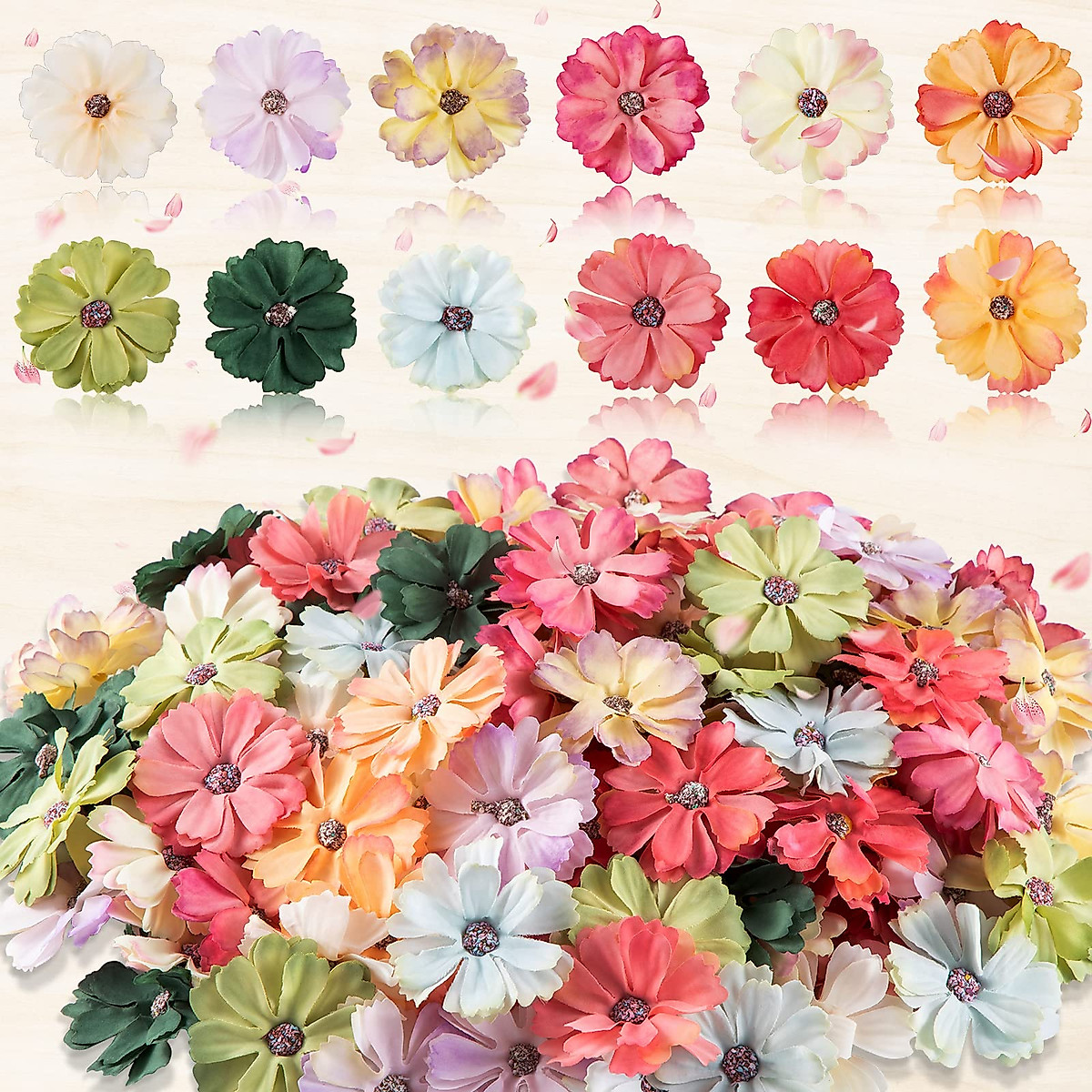 Xinnun 120 pcs Faux Flowers Heads for Crafts Artificial Small Silk Daisy Flowers Embellishments 1.5 Inch Mini Assorted Faux Flowers Bulk DIY Wreath for DIY Holiday Wedding Party Home Garden Decoration
