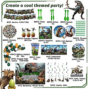 230PCS Dinosaur Birthday Party Supplies Decoration Set for Kids, Serves 10 Guests with Banner, Backdrop, Foil Balloons, Stickers, Balloon Kit, Tableware, Cake Topper, Cup Cake Toppers