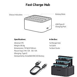 Insta360 ONE X2 Battery & Fast Charge Hub Bundle - Includes Fast Charge Hub + 2 Batteries (1630mAh) for Insta360 ONE X2 360 Camera (3 Items)