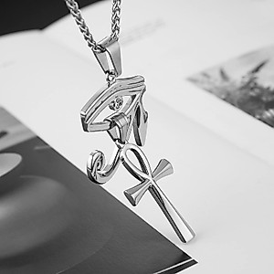 HZMAN Gold Stainless Steel Eye of Horus Egypt And Coptic Ankh Cross Religious Pendant Necklace 24" Figaro Chain (Silver)