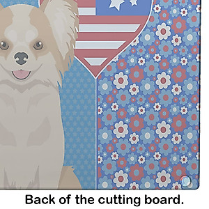Caroline's Treasures WDK5165LCB Longhaired Gold and White Chihuahua USA American Glass Cutting Board Large Decorative Tempered Glass Kitchen Cutting and Serving Board Large Size Chopping Board