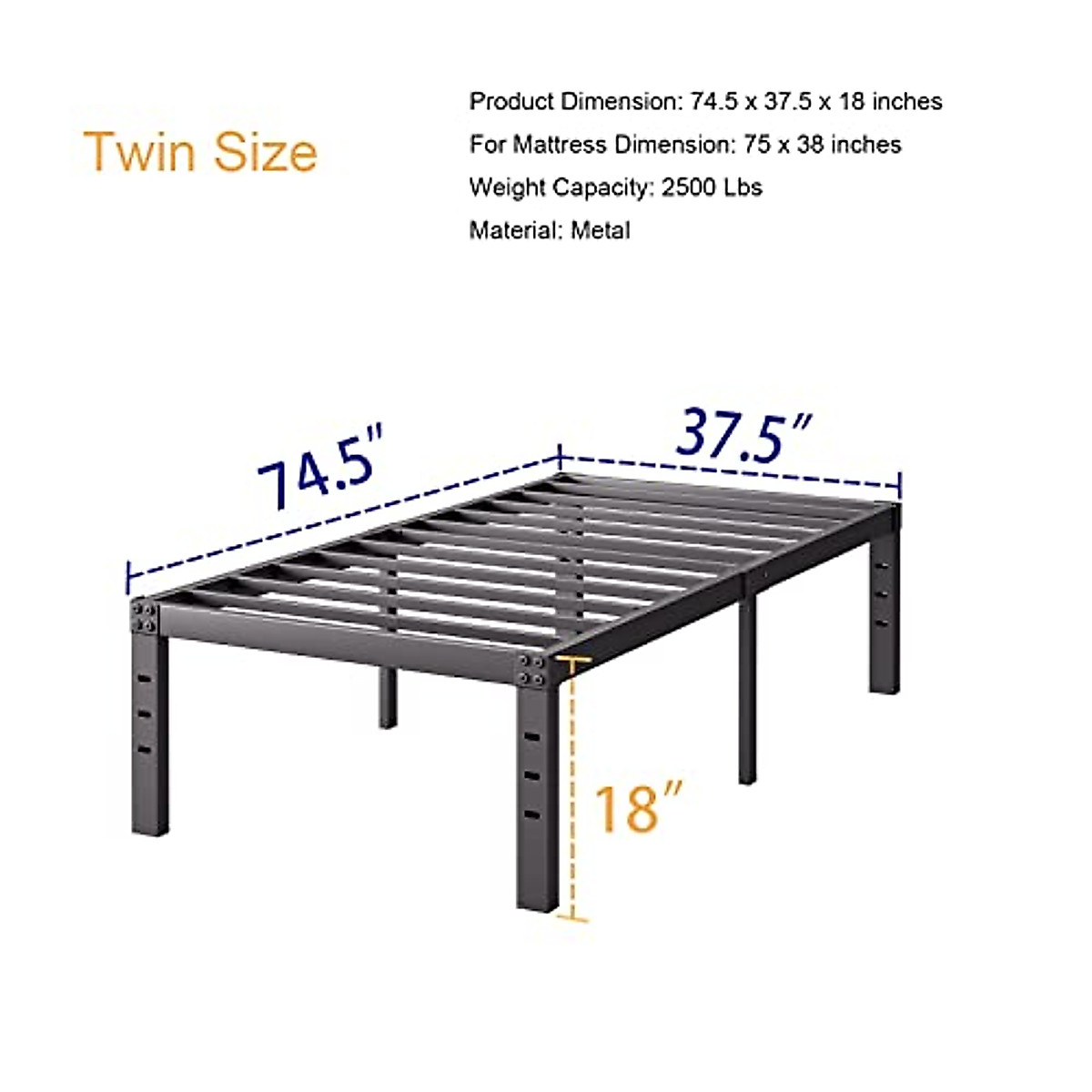 Bednowitz Twin Bed Frames, 18 Inch High Metal Bed Frame, Noise-Free Platform Bed No Box Spring Needed, 4000lbs Heavy Duty Support Mattress Foundation, Easy Assembly, Black