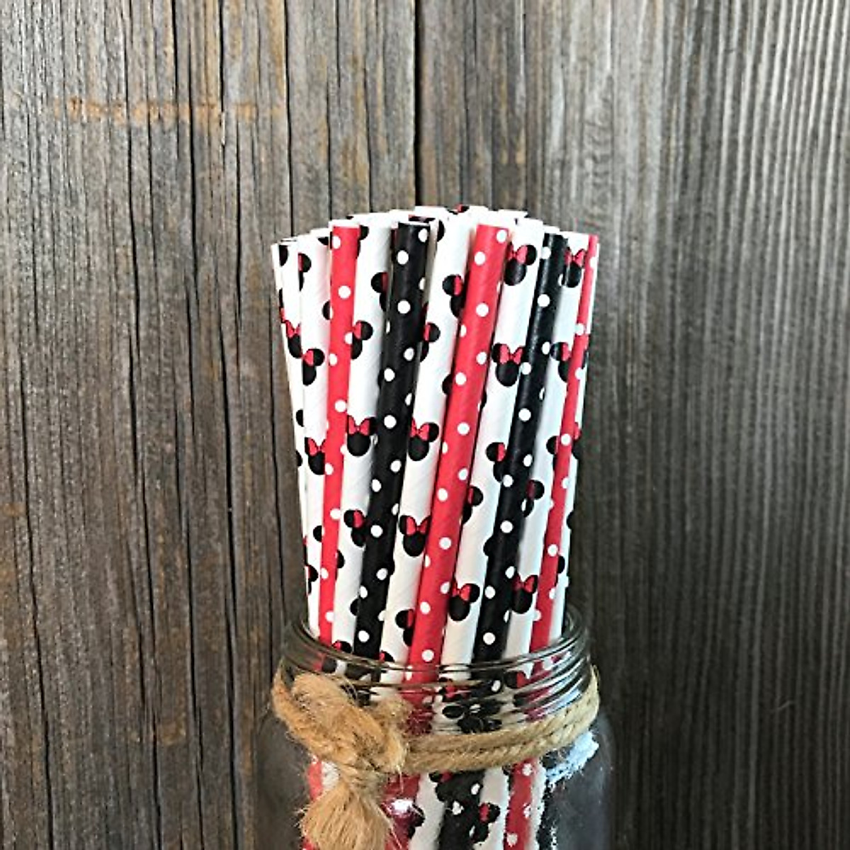 Minnie Mouse Inspired Mouse Ears and Polka Dot Paper Straws - Red White Black - 7.75 Inches - 100 Pack - Outside the Box Papers Brand