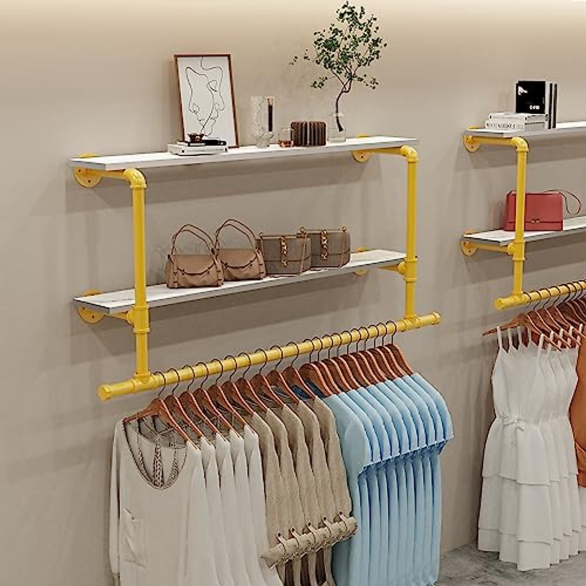 MOUTIK Wall Clothing Rack Gold - 46" Long Industrial Pipe Garment Rack with 2 Tier Shelves, Heavy Duty Iron Clothes Rod Retail Display for Bedroom, Laundry