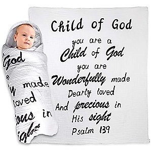 YLOVAN Baby Muslin Swaddle Blankets - ‘Child of God’ Quote - Christening, Baptism, Baby Shower, Godchild Gift for Newborn Boys and Girls (White, 47"x47")