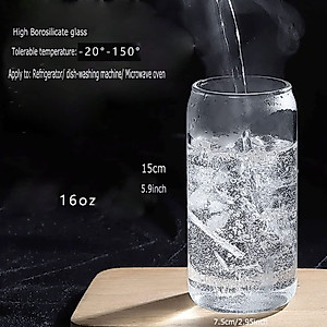 AGGICE Drinking Glass with Bamboo Lids and Glass Straw, 16Oz Can Shaped Glass Cup, Mason Jar Coke Cup Beer Glass Cocktail Glass Fruit Tea Cup Milkshake Glass Coffee Cup include Cleaning Brush