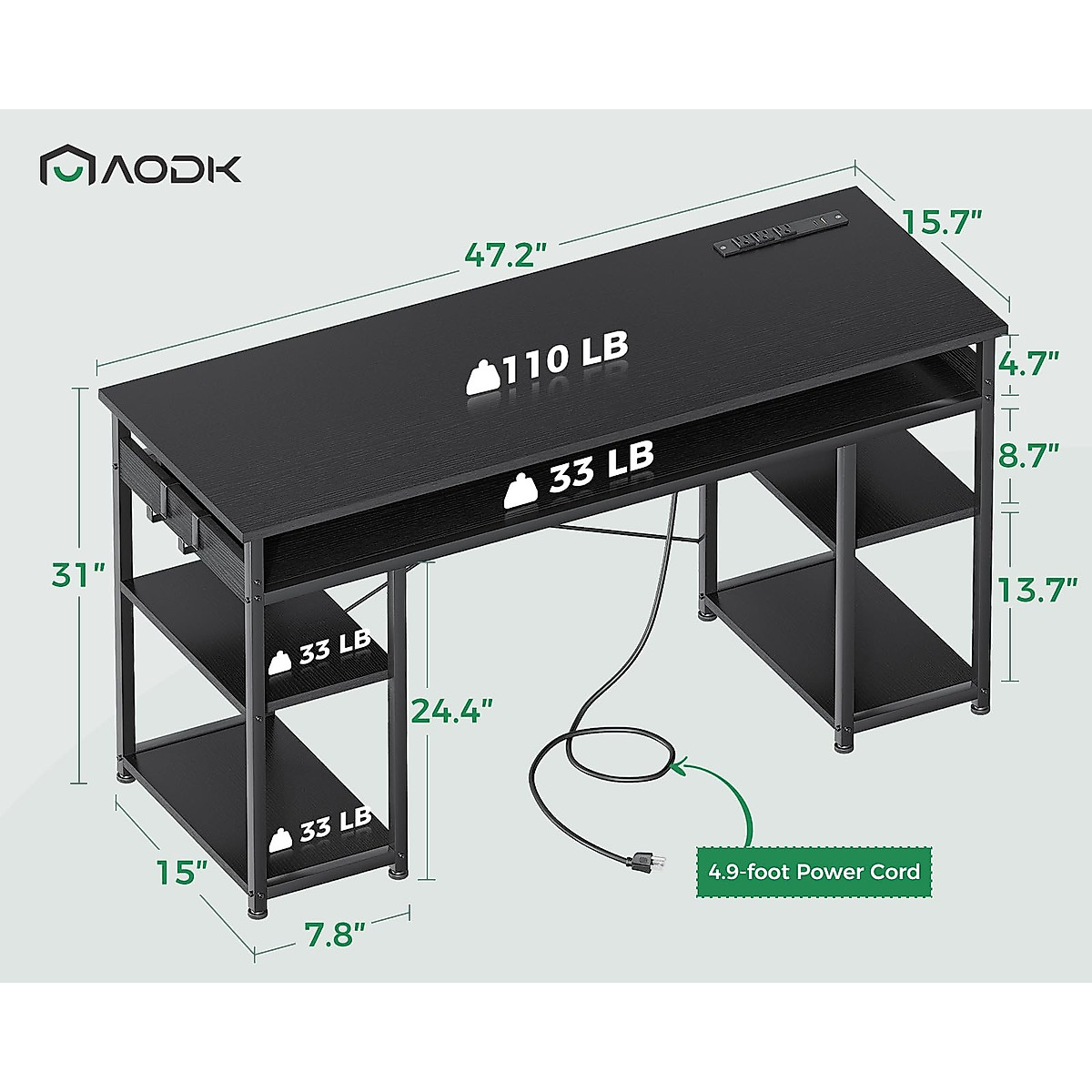 AODK 48 Inch Small Computer Desk with Power Outlets & Type-C, Writing Desk with Storage Shelves Headphone Hook, Student Laptop PC Desks for Small Spaces Home Office, Kids Desk, Black