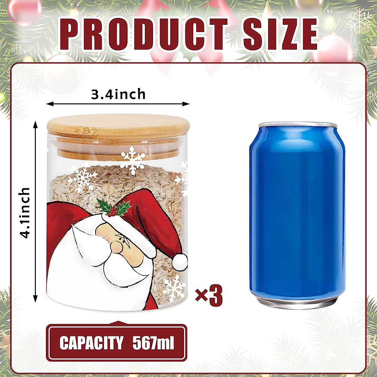 JarThenaAMCS 3Pcs Christmas Glass Storage Jars with Airtight Lid Santa Snowman Reindeer Decorative Canisters Sets for Winter Xmas Home Kitchen Countertop