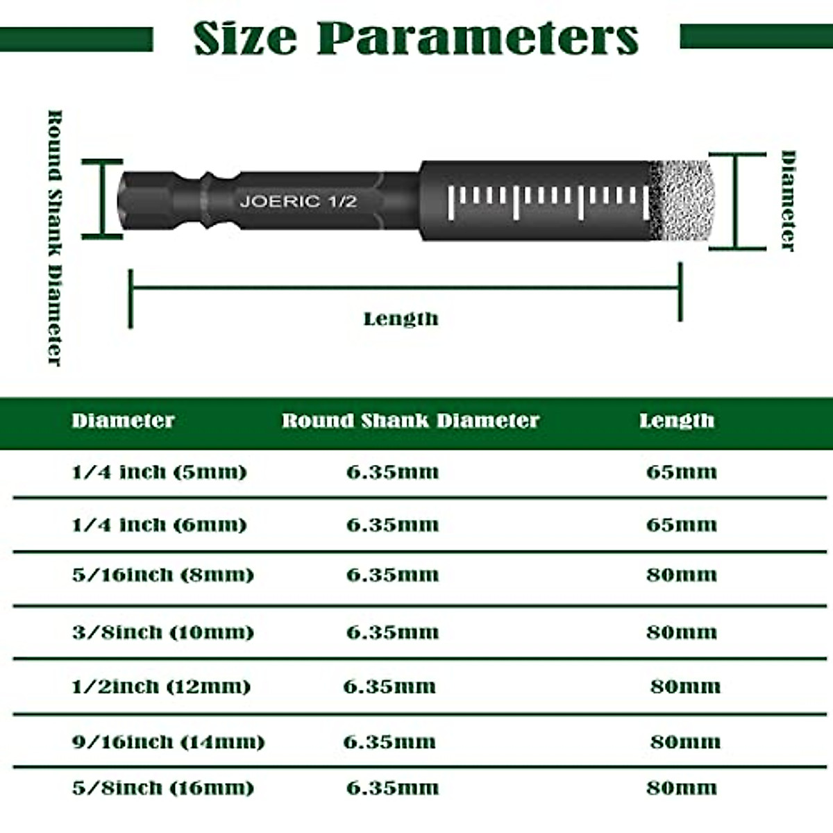 JOERIC 8 PCS Black Dry Diamond Drill Bits Set, Hex Shank Diamond Hole Saw Kit with Storage Bottle, for Granite Marble Tile Ceramic Stone Glass Hard Materials (Not for Wood) with Size 3/16'' to 9/16''