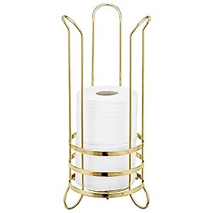 mDesign Decorative Free Standing Toilet Paper Holder Stand with Storage for 3 Rolls of Toilet Tissue - for Bathroom/Powder Room - Holds Mega Rolls - Durable Metal Wire - Soft Brass