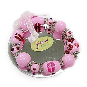 Glass Beaded Bracelet for Women, Pink Lips Kiss Hearts Beads Jewelry, Valentine Mother's Day Gift for Her, 1 pc