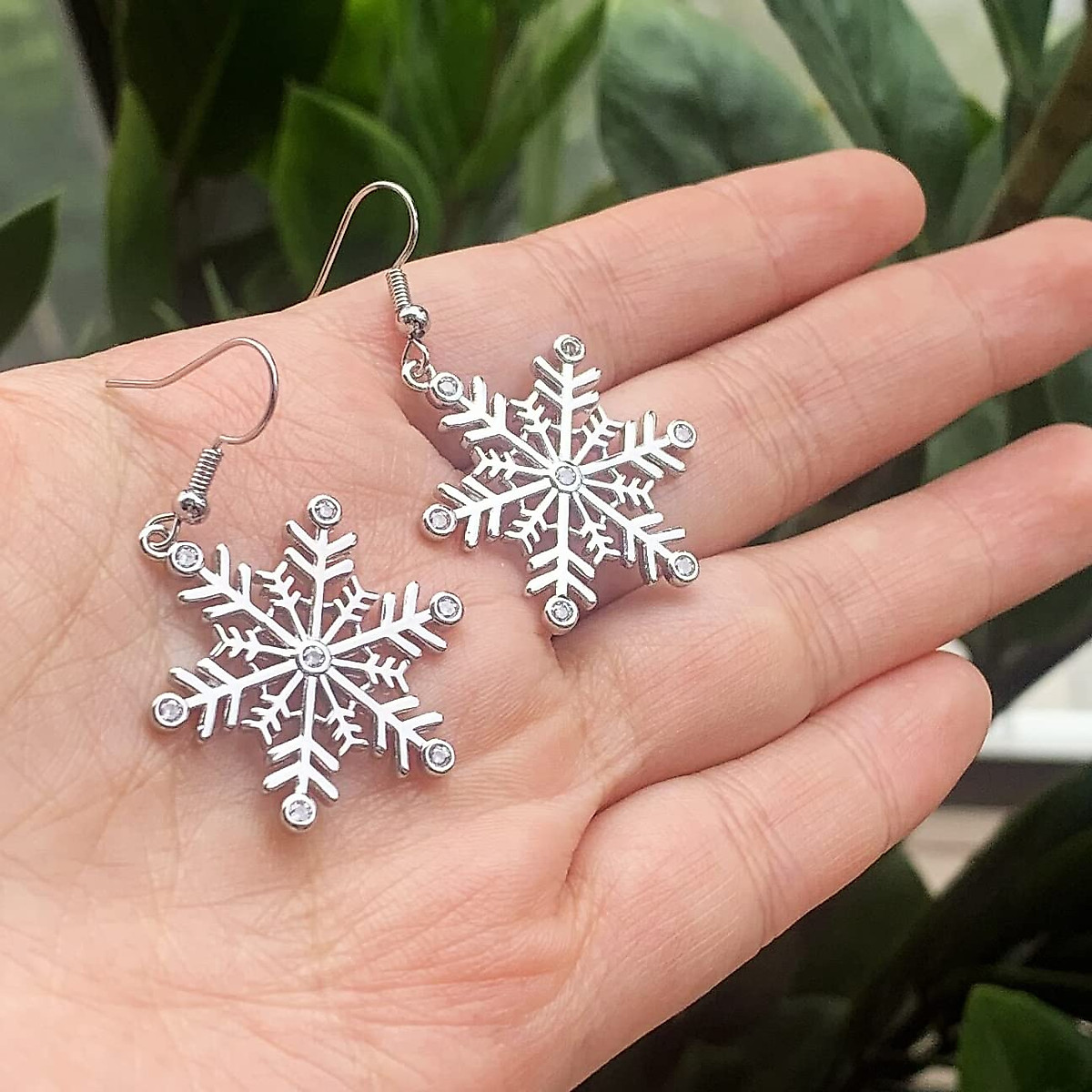 SELOVO Clear Cubic Zirconia Fishhoop Snowflake Earring Hook Dangle Drop Earrings for Woman for Christmas