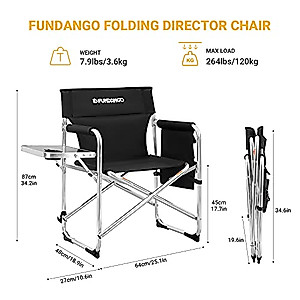 FUNDANGO Aluminum Lightweight Oversized Director Camping Chair with Side Table, Armrest, Umbrella Holder, Foldable Padded Camp Seat for Outdoor, RV, Picnic, Beach, Lawn, Heavy Duty Holds up to 300lbs