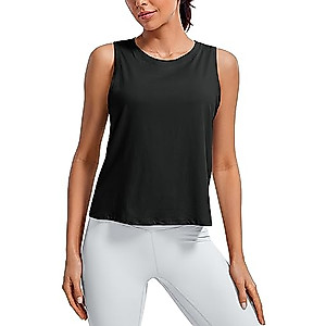 CRZ YOGA Pima Cotton Cropped Tank Tops for Women Workout Crop Tops High Neck Sleeveless Athletic Gym Shirts Black Small