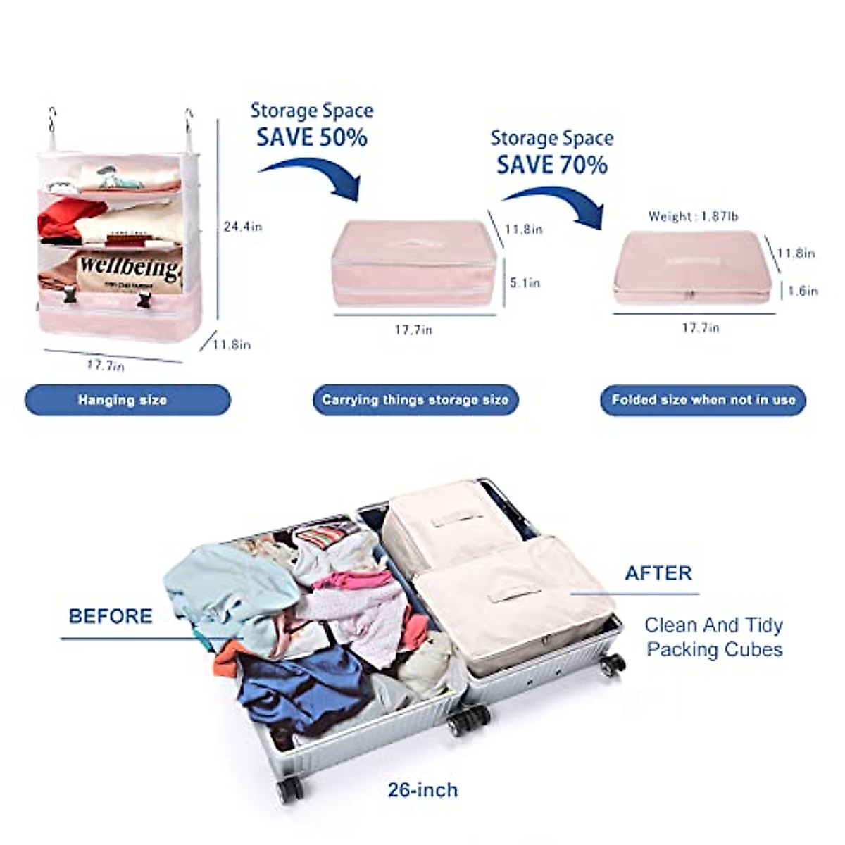 TABITORA Travel Luggage Organizer and Packing Cube Space Saver with Built in Hanging Shelves and Laundry Storage Compartment (Pink XL)