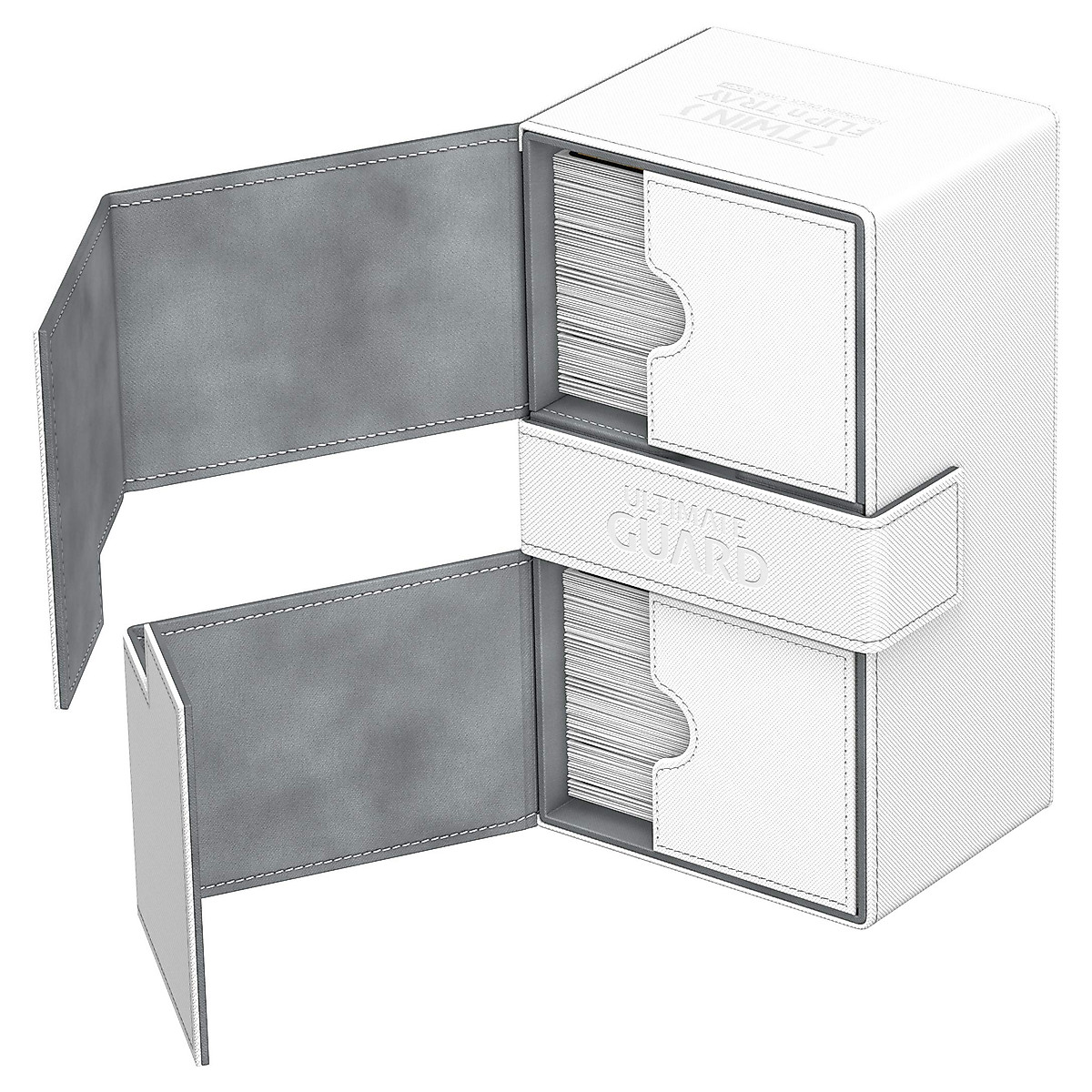 Ultimate Guard Flip 'n' Tray 200+, Deck Case for 200 Double-Sleeved TCG Cards +Dice Tray, White/Grey, Independent Magnetic Closure & Microfiber Lining