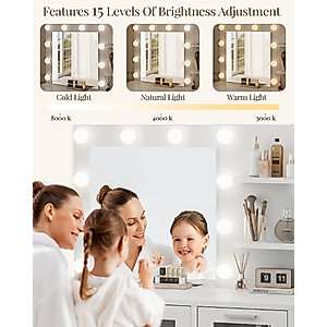 SECRET NATURAL Vanity Mirror with Lights Desk & Stool, Makeup Table Set with Drawers, Vanity Table for Bedroom with Storage Shelves & Acrylic Cabinet, 3 Lighting Modes Adjustable Brightness, White