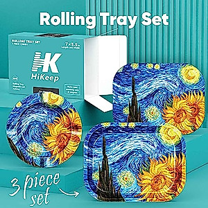 HiKeep Rolling Tray Set of 3, Metal Rolling Tray with PVC Soft Magnetic Lid - 7 x 5.5, Ashtray - 5.8" (Art Design)