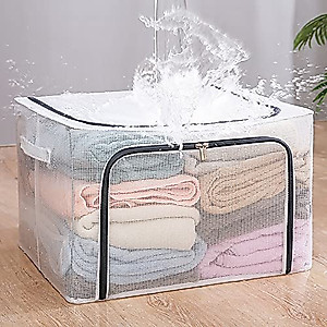 Baesyhom Clear Stackable Steel Metal Frame Clothes Storage Bins Foldable Fabric Storage Bag Closet Storage Bin Blanket Storage Container Organizer with Carrying Handles and Front Window, 3 Pack, 24L