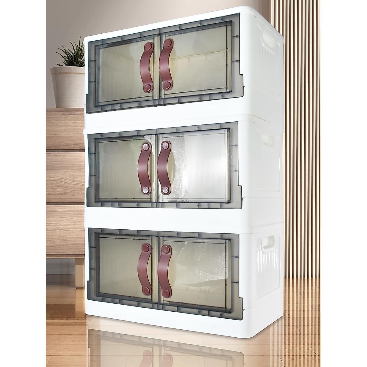 TAOCIGOU 3Pack Storage Bins with Lids And Wheels - Collapsible Stackable Storage Cabinet Box Open Front Closet Organizers and Storage Bins Cloth Plastic Storage Cabinet