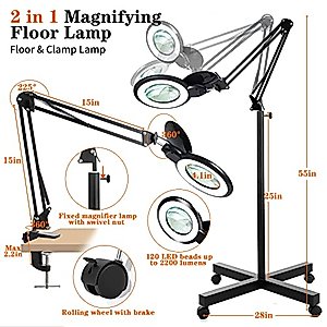 (New Upgrade) 10X Magnifying Floor Lamp with Clamp and 4 Wheel Rolling Base, HITTI 2200 LM LED 3 Color Dimmable Magnifying Glass with Light, Adjustable Arm Lighted Magnifier for Craft, Esthetican