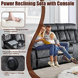 GUEAPY 3 Seater Recliner Sofa Reclining Loveseat with Console Power Reclining Sofa with Heat and Massage, Cup Holders, USB & Type-C Charge Ports for Living Room (Grey)