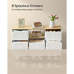 SONGMICS Dresser with Power Outlets and LED Lights, Fabric Chest of Drawers, 25 Colors, 8 Drawers, TV Stand for up to 60 Inch TVs, 11.8 x 47.2 x 31.3 Inches, Cloud White and Oak Beige ULTS518W01