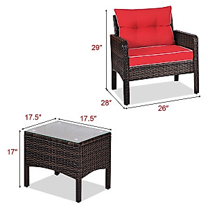 RELAX4LIFE 3-Piece Patio Furniture Set, PE Rattan Wicker Outdoor Conversation Set w/Glass Top Coffee Table & Thick Cushions for Deck Porch Balcony Garden, Bistro Table and Chairs Set of 2 (Red)