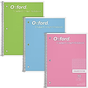 Oxford Graph Notebook - 1-subject - Grid Paper Notebook - 8" X 10-1/2" - Pack Of 3 - Math, Drawing, And Engineering Notebook - Pastel Colored Graph Paper Notebook