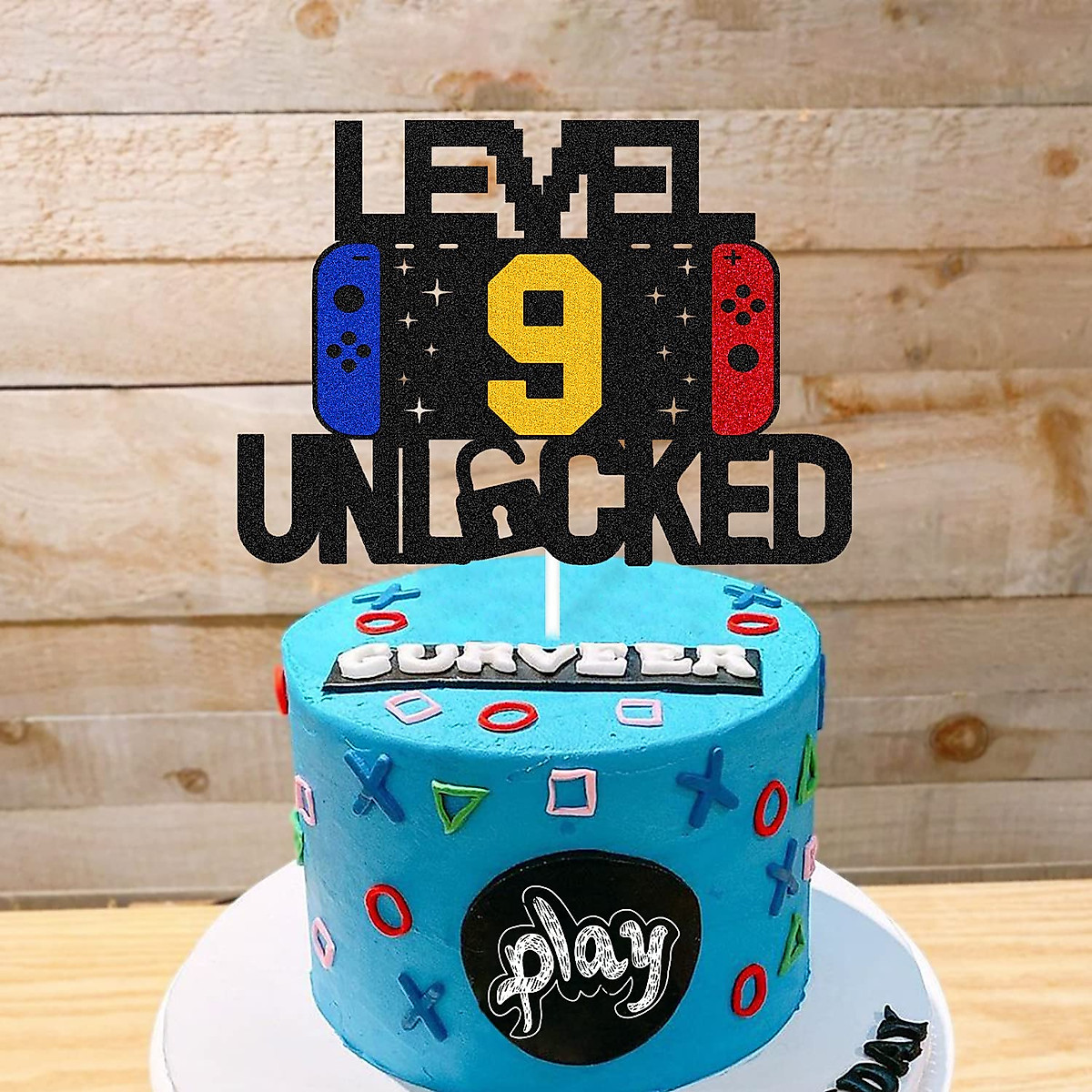 Level 9th Unlocked Sign Cake Topper Happy 9th Birthday Level Up Tenth Cake Decorations for Video Game Controller Themed Kids Boy Girl Bday Party Supplies Double Sided