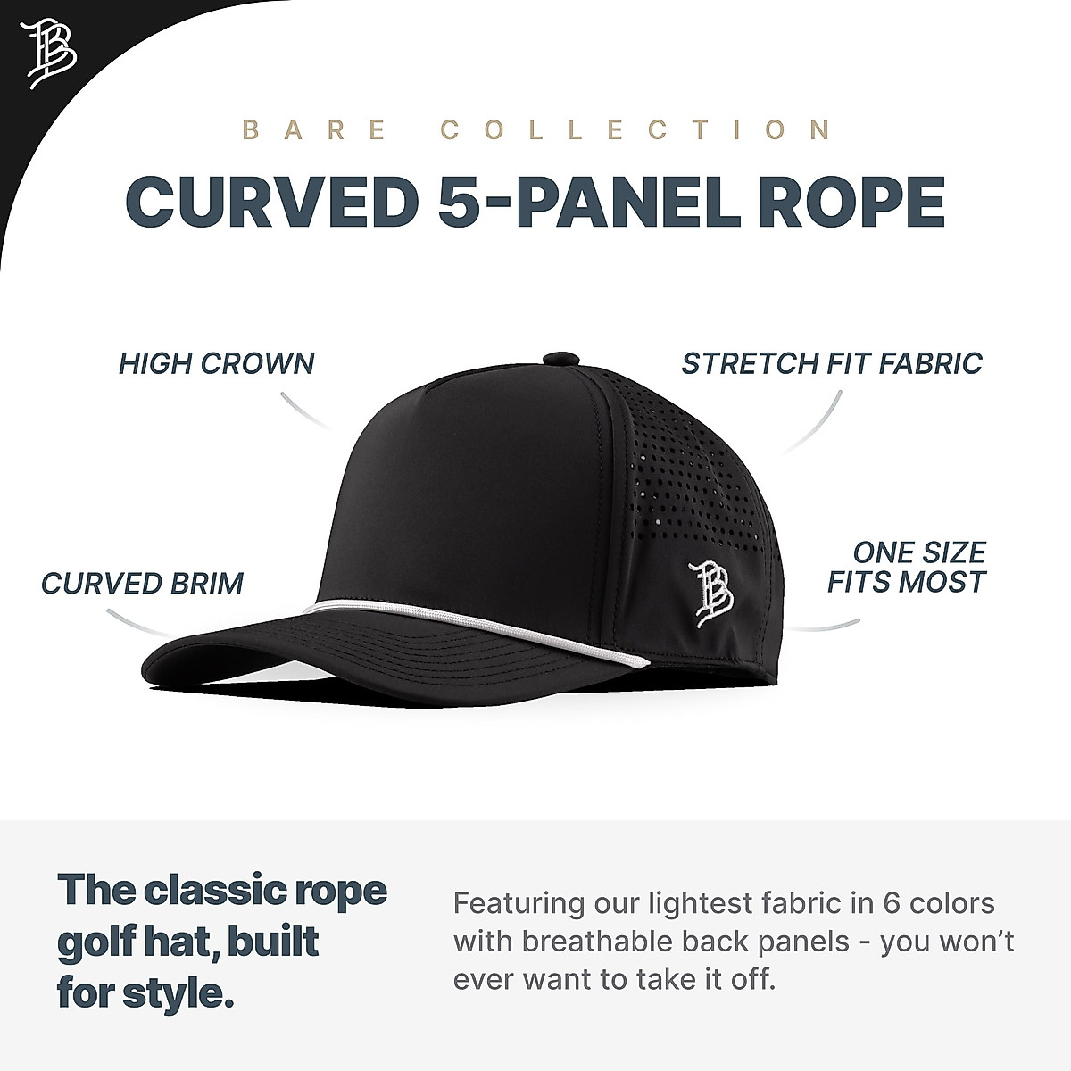 Branded Bills Bare Curved 5 Panel Rope Hat, Black, Fits 7-7 7/8, Flexfit Sweatband, Adjustable Snpaback, Fitted Style | Lightweight, Comfort Stretch, & Quick Dry Baseball Cap