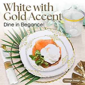 Zulzzy 350 PCS White and Gold Plastic Plates Vintage Design - Includes 50 Dinner Plates, 50 Dessert Plates, 50 Napkins, 50 Cups & Gold Silverware. Ideal for Weddings, Parties & Events.