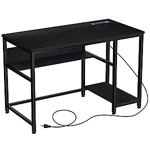 Rolanstar Computer Desk 47” with Power Outlet & Storage Shelves, Home Office PC Desk with USB Ports Charging Station, Writing Study Desktop Table with Stable Metal Frame, Black