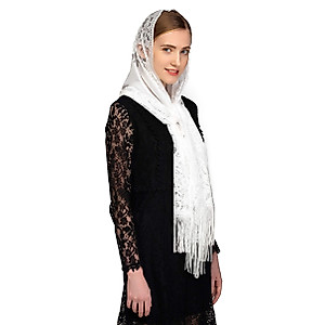 PAMOR Chapel Veil Scarf Mantilla Veils Rectangular Wrap Shawl Mass Head Covering with Fringe Trim (White)