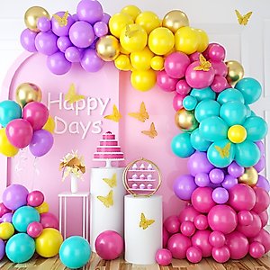 Magic Balloon Garland Arch Kit 103 Balloons Set Purple Blue Rose Red Yellow Gold Metallic Balloons 12Pcs Butterfly Stickers Decorations for Birthday Party Wedding Baby Shower Decor Supplies