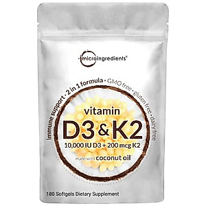 Vitamin D3 10000 iu Plus K2 (MK-7) 200 mcg, 180 Virgin Coconut Oil Softgels| 2 in 1 Vitamins D & K Complex | Supports Calcium Absorption, Bone, Immune, & Heart Health – Easy to Swallow