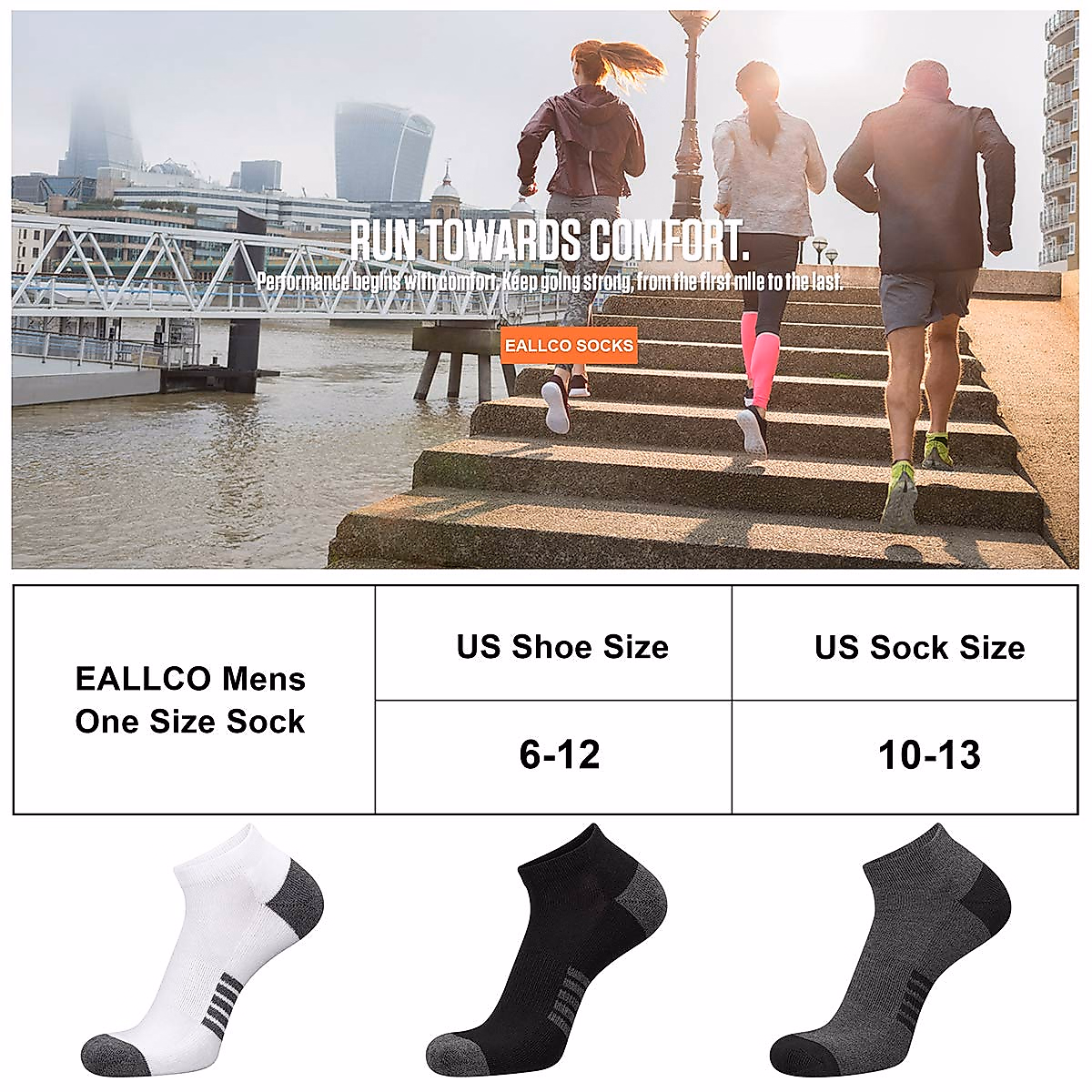 eallco Mens Ankle Socks Low Cut Athletic Cushioned Running Tab Socks 10 Pairs Black (Fits Mens Shoe Size 6-12)