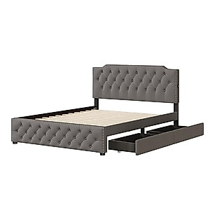 HBRR Queen Size Bed Frame with 2 Drawers and 2 Sets of USB Ports, Upholstered Platform Bed with Button-Tufted Headboard, Wooden Slats Support, No Box Spring Needed, Gray