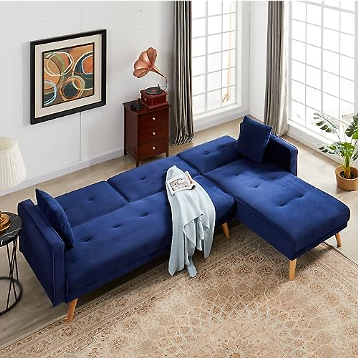 Goohome 104.50" L Shape Sectional Sofa, Mid-Century Velvet Upholstered Convertible Sleeper Sofá Bed W/Chaise Lounge, Removable Armrests,Split Back Folding Futon Couches for Living Room, F-Blue a