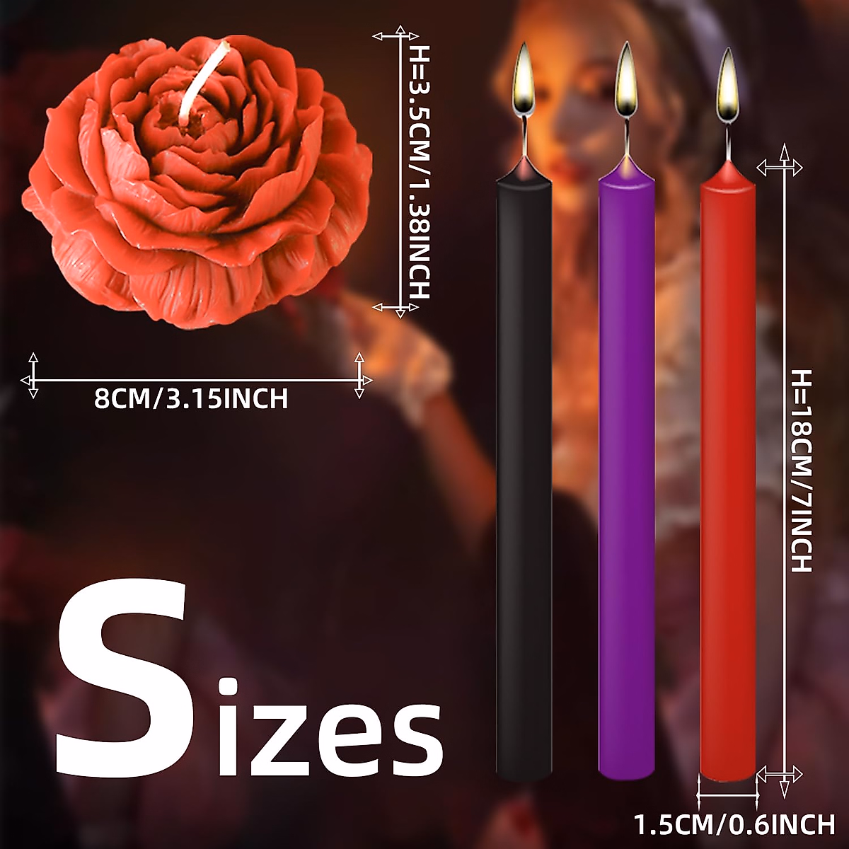 Red Rose Flower Scented Candle Set of 5, 2 Rose Shapes + 3 Long Low Temperature Candles, Romantic Ambiance Wax Play Candles for Date Night Romantic Wax Play Couple Wedding Anniversary Candles