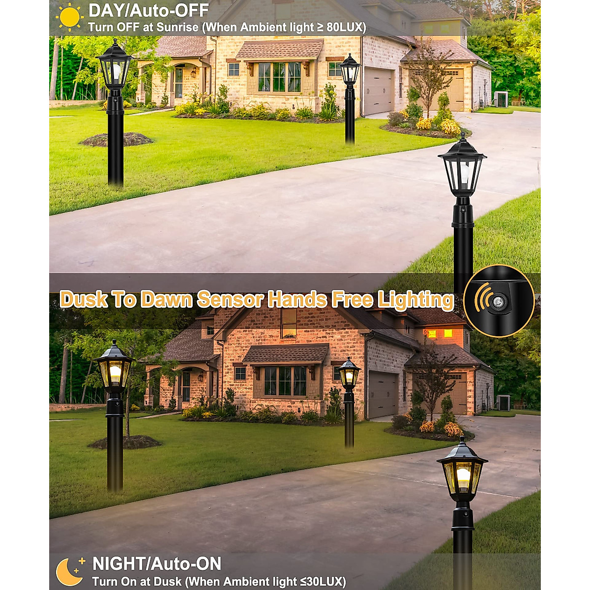 FUDESY Dusk to Dawn Sensor Outdoor Post Light, Waterproof Pole Lantern with Pier Mount Base, Exterior Plastic Lamp Light Fixture, for Garden, Patio, Pathway, FDS6163B1PS, Black, LED Bulb Included