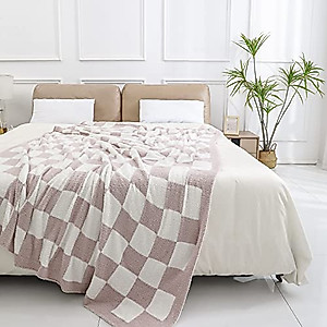 bearberry Fuzzy Checkerboard Grid Throw Blanket Knitted Soft Cozy Warm Microfiber Bed Blanket Decor for Couch Sofa Bed Travel Home (Cream, 60''x80'')