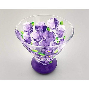 Purple Flower Hand Painted Martini Glass - Sparkly Purple, Pretty Flowers Stemless Cocktail Glass