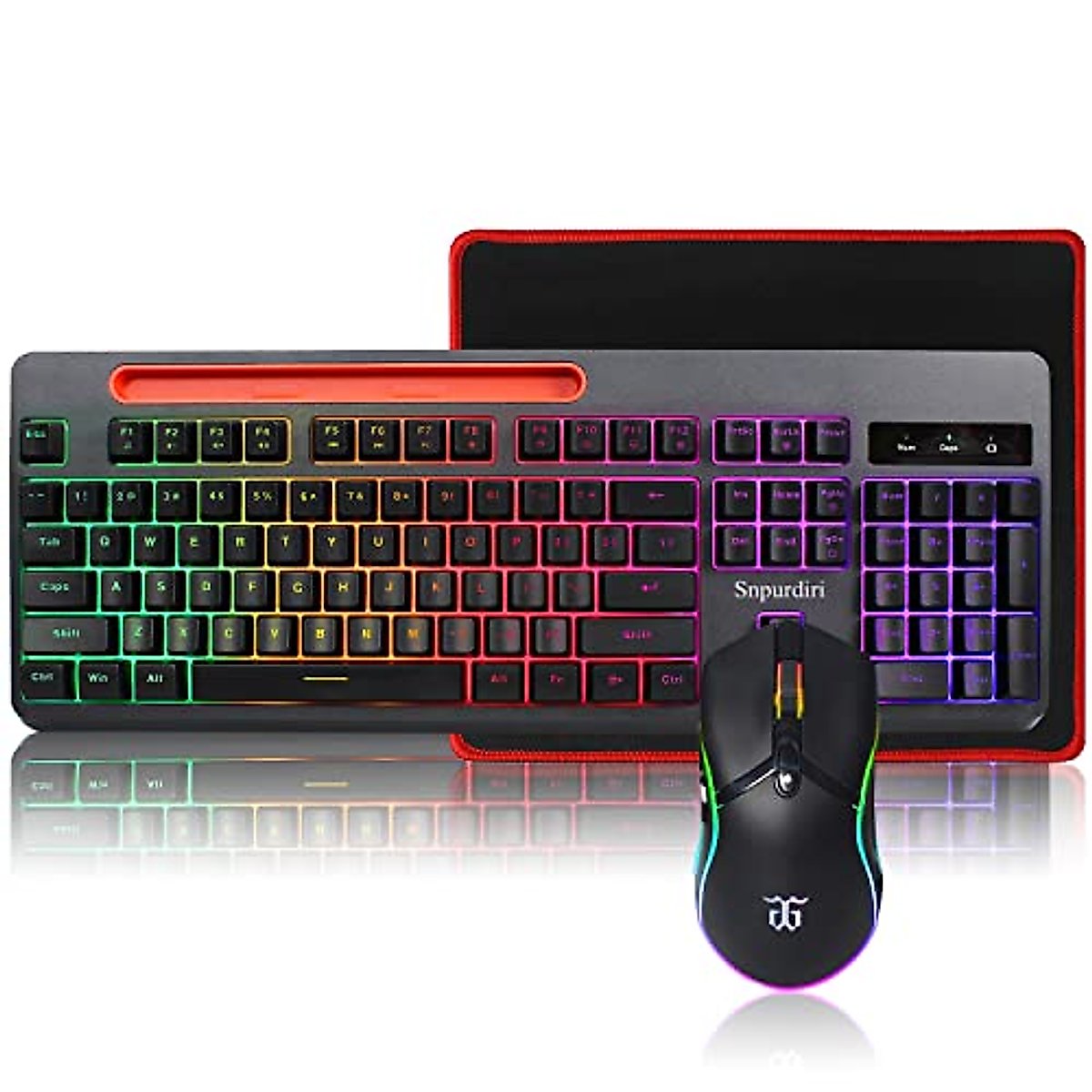 Snpurdiri Wireless Gaming Keyboard and Mouse Combo, True RGB Rechargeable Full Size Anti-ghosting Keyboard with Tablet/Phone Bracket, RGB Mouse,Long Battery Life for Gaming, Office