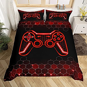 jejeloiu Gamer Bedding Set for Kids Boys Girls Gaming Honeycomb Comforter Cover Set Twin Size Video Game Duvet Cover Bedroom Decor Red Geometric Bedspread Cover Bedding Collection 2Pcs