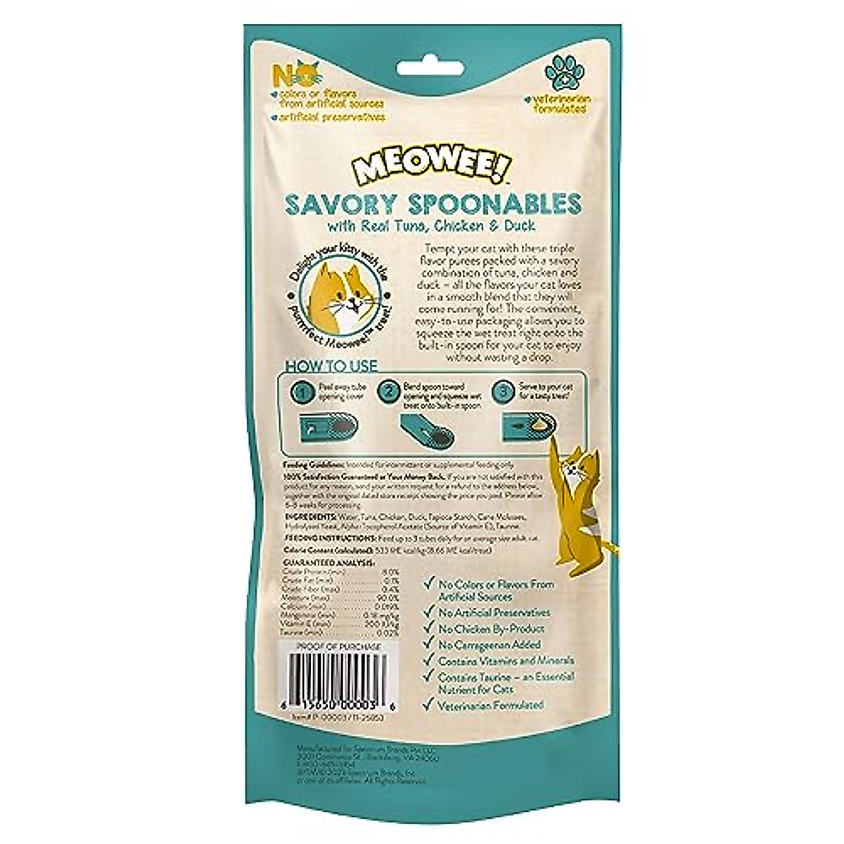 MEOWEE! Savory Spoonables with Real Tuna, Chicken & Duck, 4 Count Tube, Triple Flavor Squeezable Lickable Wet Treats for Cats with Built-in Spoon for Less Mess