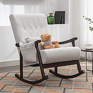 Attaliarec Rocking Chair Nursery, Rocker Glider Chair for Nursery High Back, Accent Living Room Chairs, Tufted Nursing Comfy Chairs for Mom, Gift, Side Pocket, Lumbar Pillow, Light Gray