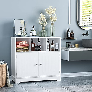 HORSTORS Floor Storage Cabinet, Linen Freestanding Bathroom Cabinet, Side Accent Cabinet with Doors and 3 Open Cubes for Home Office, 31.4" L x 11.8" D x 29.1" H, White